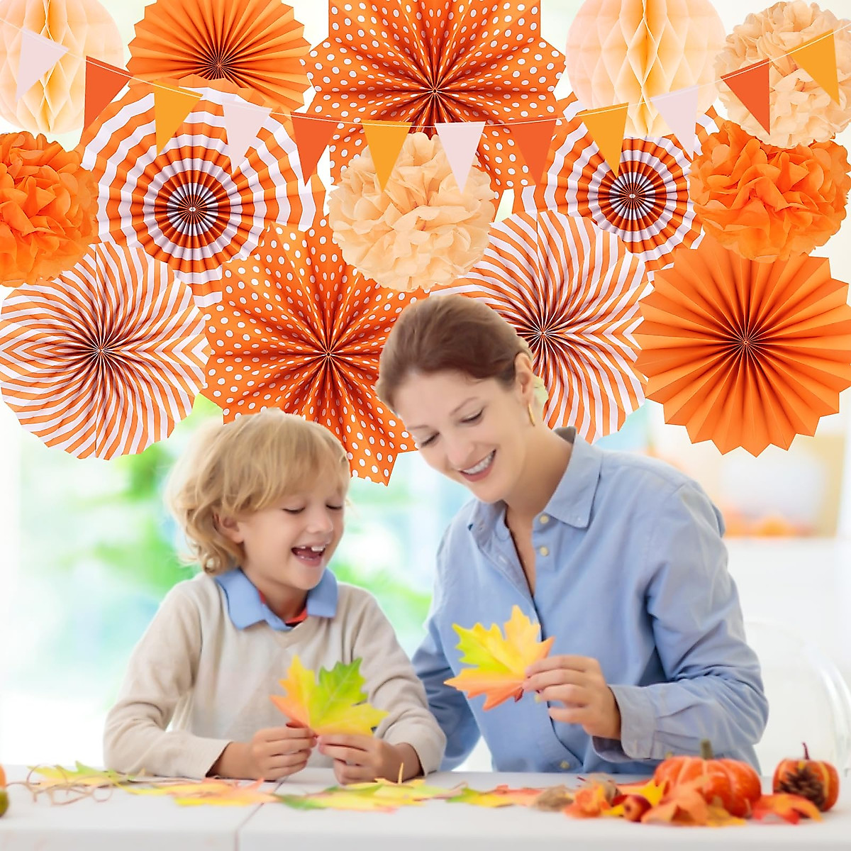 Orange Birthday Decorations Fall Party Decoration 28pcs Autumn Boho Friendsgiving Thanksgiving Harvest Party Banner, Streamers Tassel Garland, Tissue Pom Poms, Paper Fans, Bridal Shower Groovy Decor