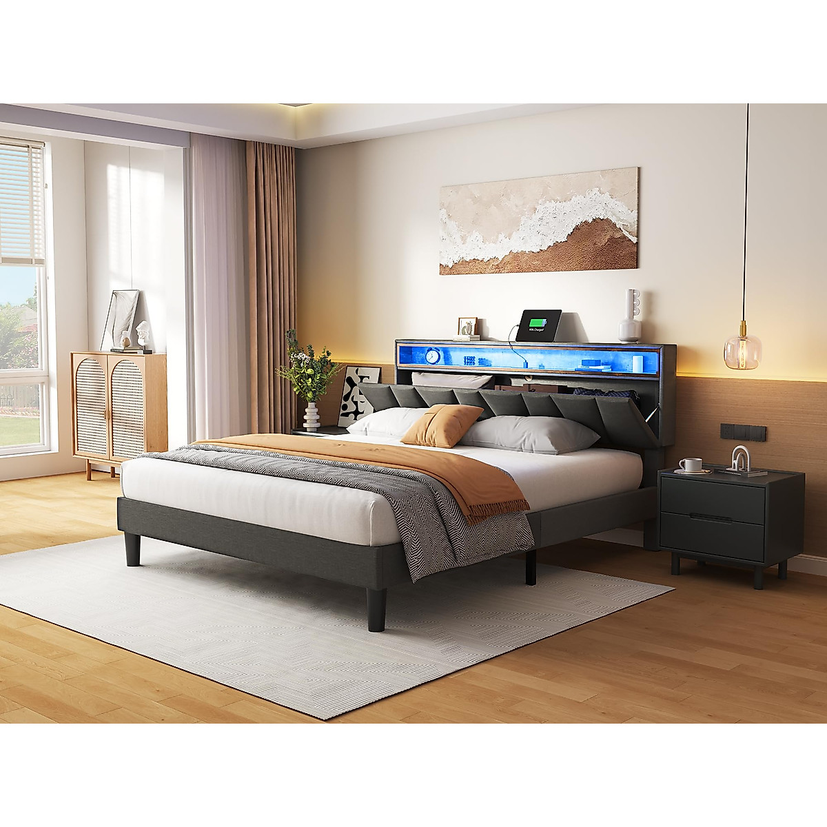 YITAHOME Queen Size Bed Frame, LED Bed Frame with Storage Bookcase Headboard, Upholstered Platform Bed with Charging Station, No Box Spring Needed, Easy Assembly, Grey