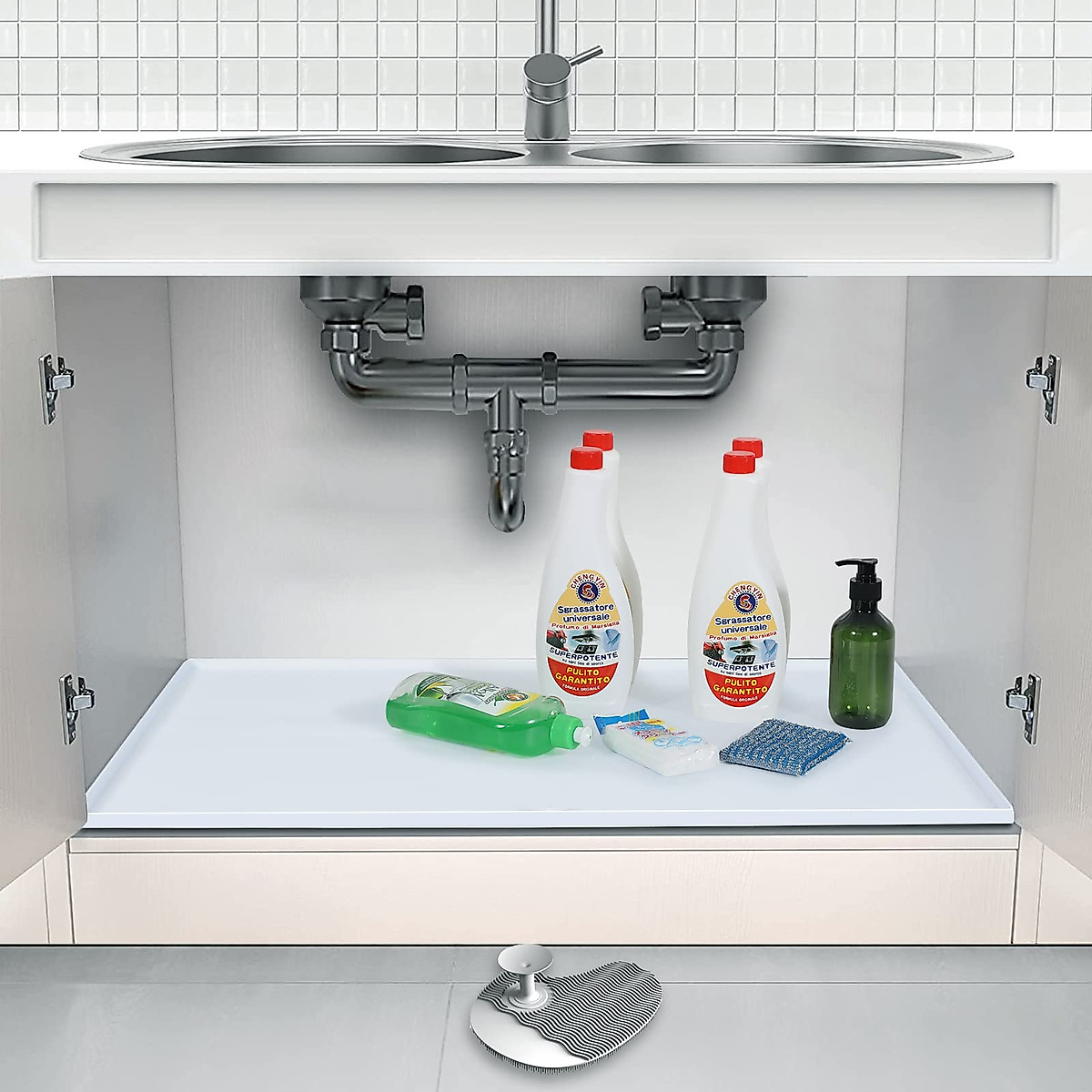 Tomekji Under Sink Mat, 34x22 (Please Check Dimensions) Under Sink Mats for Kitchen Waterproof, Made of Premium Silicone Perfect Sink Cabinet Protector - Holds Over 2 Gallons water - White