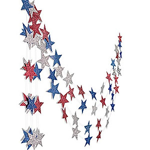 Whaline 52ft Glitter Patriotic Star Streamers Paper Bunting Banner Red White Blue Star Garland Hanging Decoration for 4th of July Decorations Independence Day Celebration Party, 4 Pack
