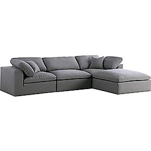 Meridian Furniture Serene Collection Modern | Contemporary Deluxe Comfort Modular Sectional, Soft Linen Textured Fabric, Down Cushions, 2 Corner + 1 Armless + 1 Ottoman, Grey