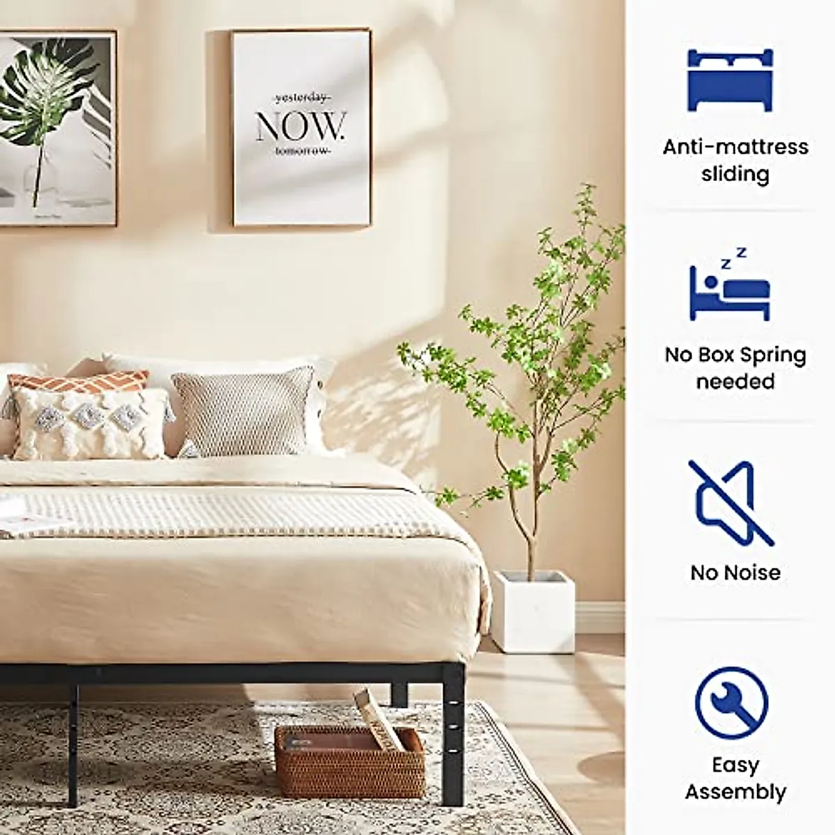 HiBed Queen Bed Frame, 14” Height Noise Free Metal Platform, Lightweight Heavy Duty Steel Support Up to 4500 lbs, Box Spring Free Design, Steel Slat Supports, Easy Assembly Tool-Free,Black