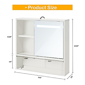 Sunghome Medicine Cabinet Mirror Bathroom Wall Cabinet, LED Light Bathroom Mirror with Storage, Medicine Cabinets with Slid Door and Adjustable Shelf, White, 24'' x 23.6''