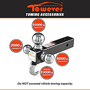 Towever 84180 Trailer Hitch Tri Ball Mount with Hook, 3 Ball Hitch Fit for Towing Hitch 2 inch Receiver (Hollow Shank Tow Hitch, Black&Chrome)