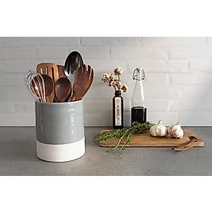 Utensil holder – crock - caddy - Extra Large ceramic organizer for kitchen countertop - modern or rustic farmhouse decor - gray & natural white - jar holds all spatulas, spoons & tools