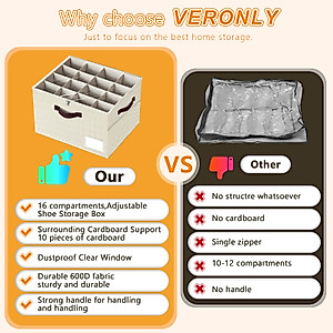 2 Pack Large Shoe Organizer for Closet, Adjustable Dividers Shoe Storage Bins Boxes, Foldable Shoe Holder Cube Containers with Clear Cover for Men’s shoes, High heel,Sneaker,Slippers,Boots(Beige).