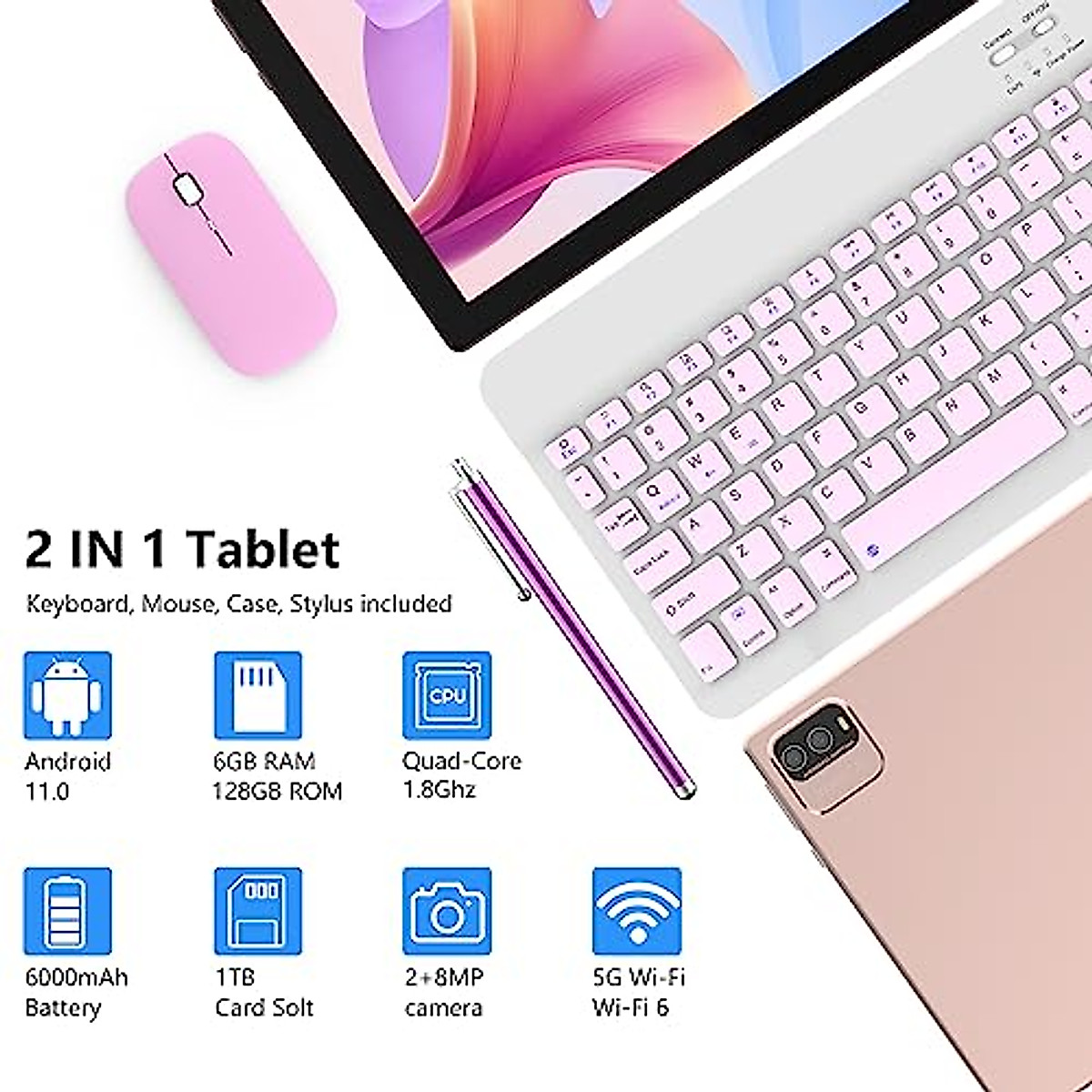 2023 Newest 2 in 1 Tablet with Keyboard, 6GB+128GB/1TB Expandable, 10 inch Tablet Android 11 Tablets Include Mouse Stylus Tempered Film, 5G WiFi 6, 8MP Dual Camera, 1280*800 10" FHD, 6000mAH Tablet PC
