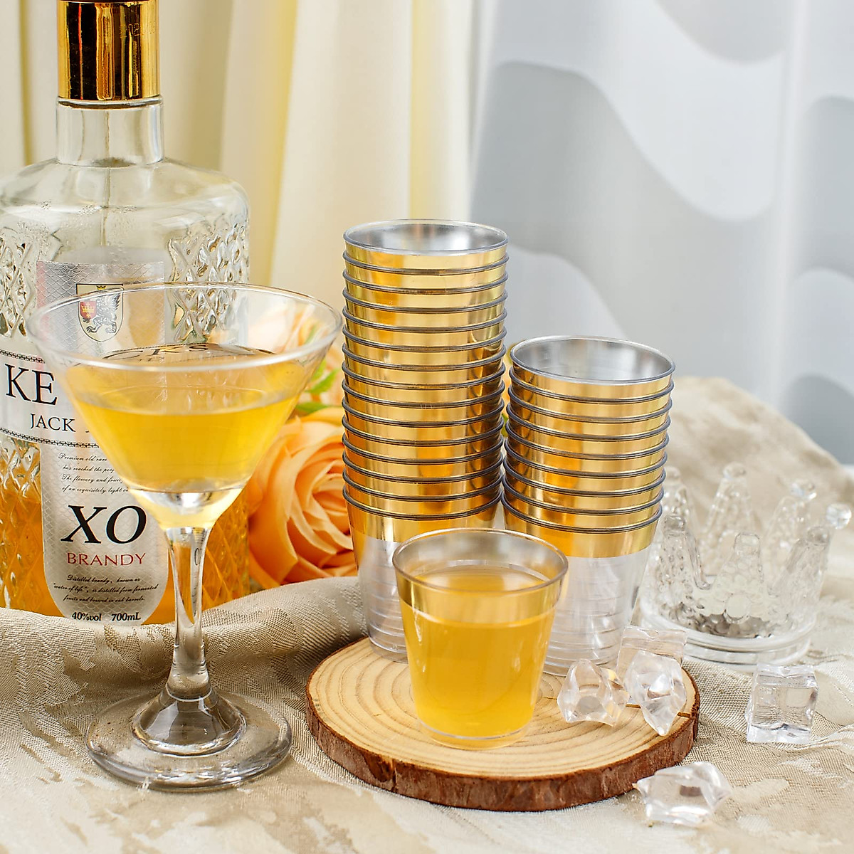 WELLIFE 200 PACK Plastic Clear and Gold Shot Glasses, 2OZ Disposable Shot Glasses, Small Hard Plastic Tumblers, Gold Tasting Sampling Cups, Mini Container Perfect for Whiskey for Party