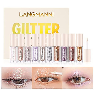 LANGMANNI 10Pcs Liquid Glitter Eyeshadow Korean Makeup Set, Shimmer,Pigmented,Long Lasting,Quick Drying,Easy to Apply Crystals Glitter Eyeshadow (10pcs Set)