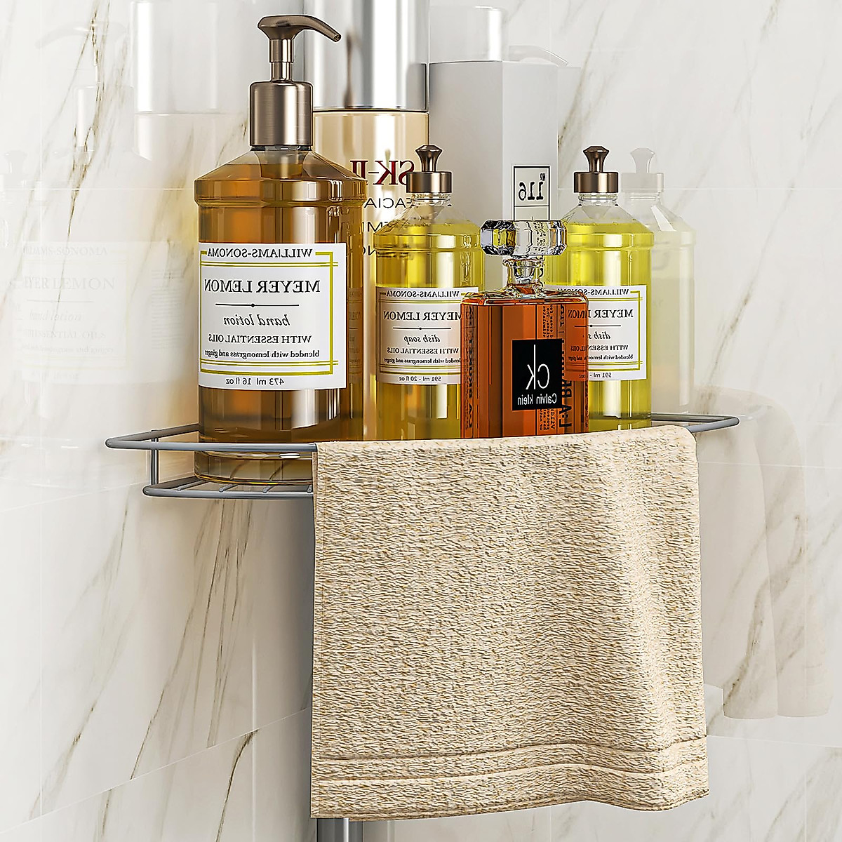 AIYAKA Tension Corner Shower Pole Caddy, Bathroom Storage Organizer, 65 to 106 inch Adjustable Height, with 2 Hooks, Silver