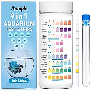9 in 1 Aquarium Test Strips - 100 Strips Aquarium Water Test Kits for Freshwater Saltwater - Testing for Iron, Copper, Nitrite, Nitrate, pH, GH & KH, Chlorine, Total Alkalinity