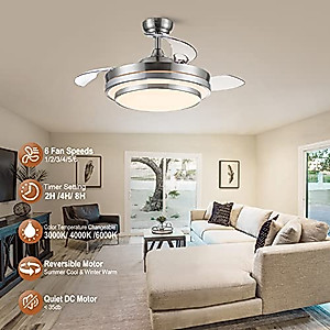 POCHFAN Retractable Ceiling Fan with Lights Remote Control, 42 Inch Modern Ceiling Fan for Bedroom Living Room in 3 Color Changeable,Timer, Noiseless DC Motor, 6 Speed, Brush Nickel, LED Ceiling Fans