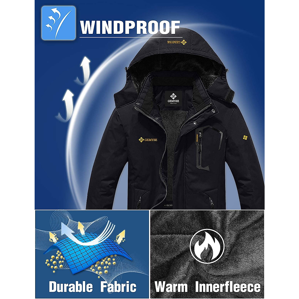 GEMYSE Men's Mountain Waterproof Ski Snow Jacket Winter Windproof Rain Jacket (Black,Small)