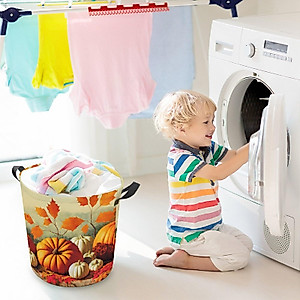 FISNAE Pumpkin Fall Leaves Storage Baskets, Thanksgiving Laundry Hamper-Collapsible Storage Bin with Handles,Toy Organizer Bin for Kid's Room,Office,Nursery Hamper, Home Decor