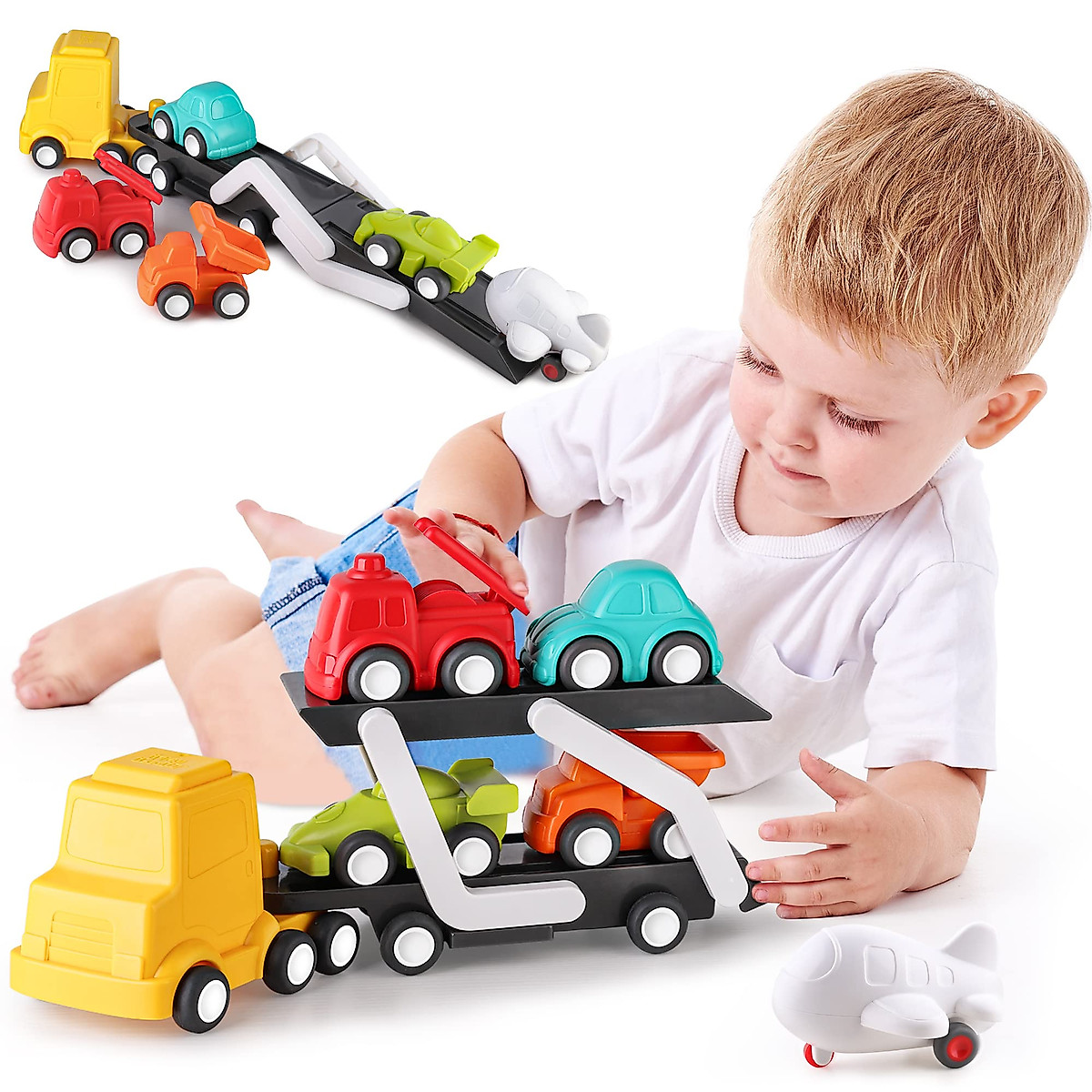 iPlay, iLearn Toddler Car Toys for 2-3 Year Old, Transport Carrier Trucks W/ 5 Small Vehicles, Kids Push Go Trailer Truck, Christmas Stocking Stuffers Birthday Gifts for 18 Months Boys Girls Children