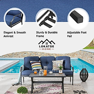 LOKATSE HOME Outdoor Patio Cushioned Loveseat 3 Seats Sofa Bench with Metal Coffee Table, Blue