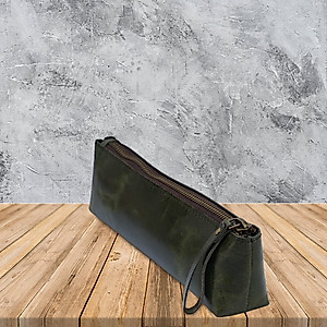 Leather Pencil Pouch, Make-up Brush Pouch, Leather Pencil Case, Zippered Pouch for Make-up essentials, Pen Case, Pen & Marker Case, Pencil Case For Students & School (Forest Green)