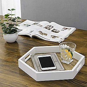 MyGift Hexagonal White Wood Decorative Tray with Handles and Burnt Wood Base, Geometric Serving Tray Ottoman Breakfast Tray