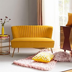 HULALA HOME Velvet Loveseat Sofa with Gold Legs, Mid-Century Modern Upholstered Love seat Couch, Tufted Small 2-Seat Sofa Armless for Living Room, Bedroom, Apartment Small Spaces, Mustard