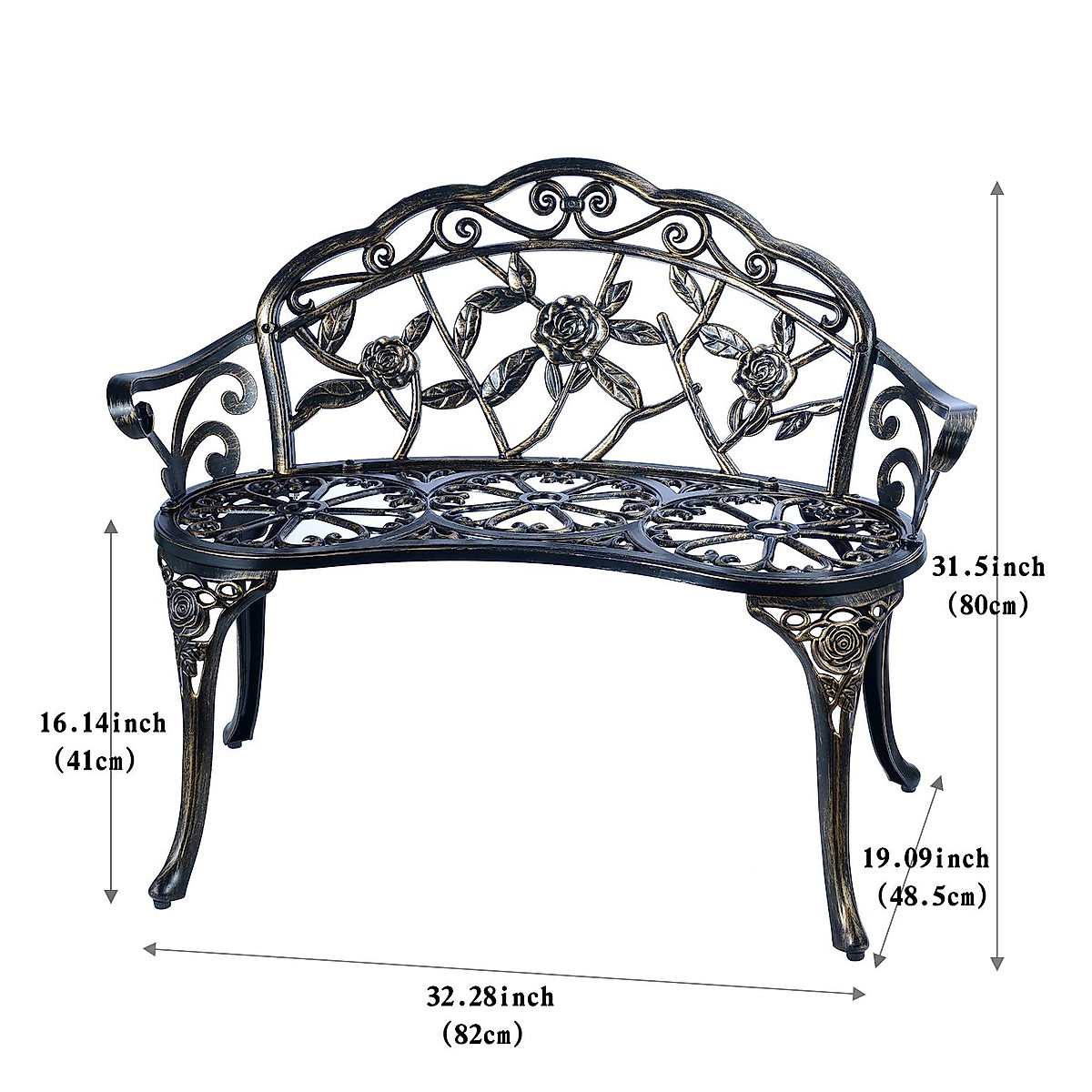 C/G Patio Balcony Bench Double Seat, Anti-Rust Cast Aluminum Patio Garden Bench for Park Yard Outdoor Furniture Copper