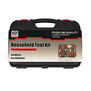 Small Home Tool Kit included Battery Screwdriver Cordless Women's Tool Kit with Case-SAVWAY P7994 Hand Tool Set with Black Toolbox for DIY Projects