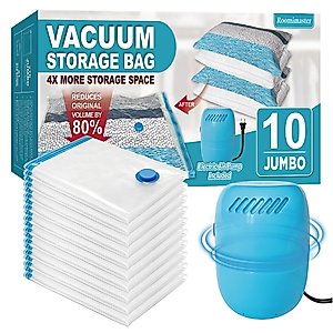 Vacuum Storage Bags with Electric Pump, 10 Jumbo Space Saver Bags Vacuum Seal Bags with Pump, Space Bags, Vacuum Sealer Bags for Clothes, Comforters, Blankets, Bedding