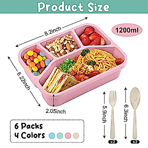 Korlon 6 Pack Bento Lunch Box for Kids 4 Compartment Wheat Straw Lunch Containers for Kids Lunch Boxes for School, Work and Travel with Forks and Spoons