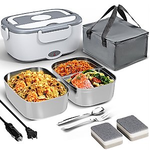 Electric Lunch Box Food Heater for Work, 80 W Food Warmer for Car Truck Travel with 2 Stainless Steel Containers 1.5 Liters Potable Self Heating lunch Box for Adults lonchera eléctrica portátil