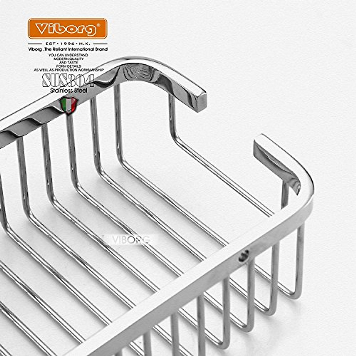 VIBORG Deluxe Solid Thick SUS304 Stainless Steel Wire Wall Mounted Single Tier Bathroom Rectangular Shower Basket Bath Caddy Shelf Organizer Storage Holder for Shampoo Conditioner Polished mirror-like