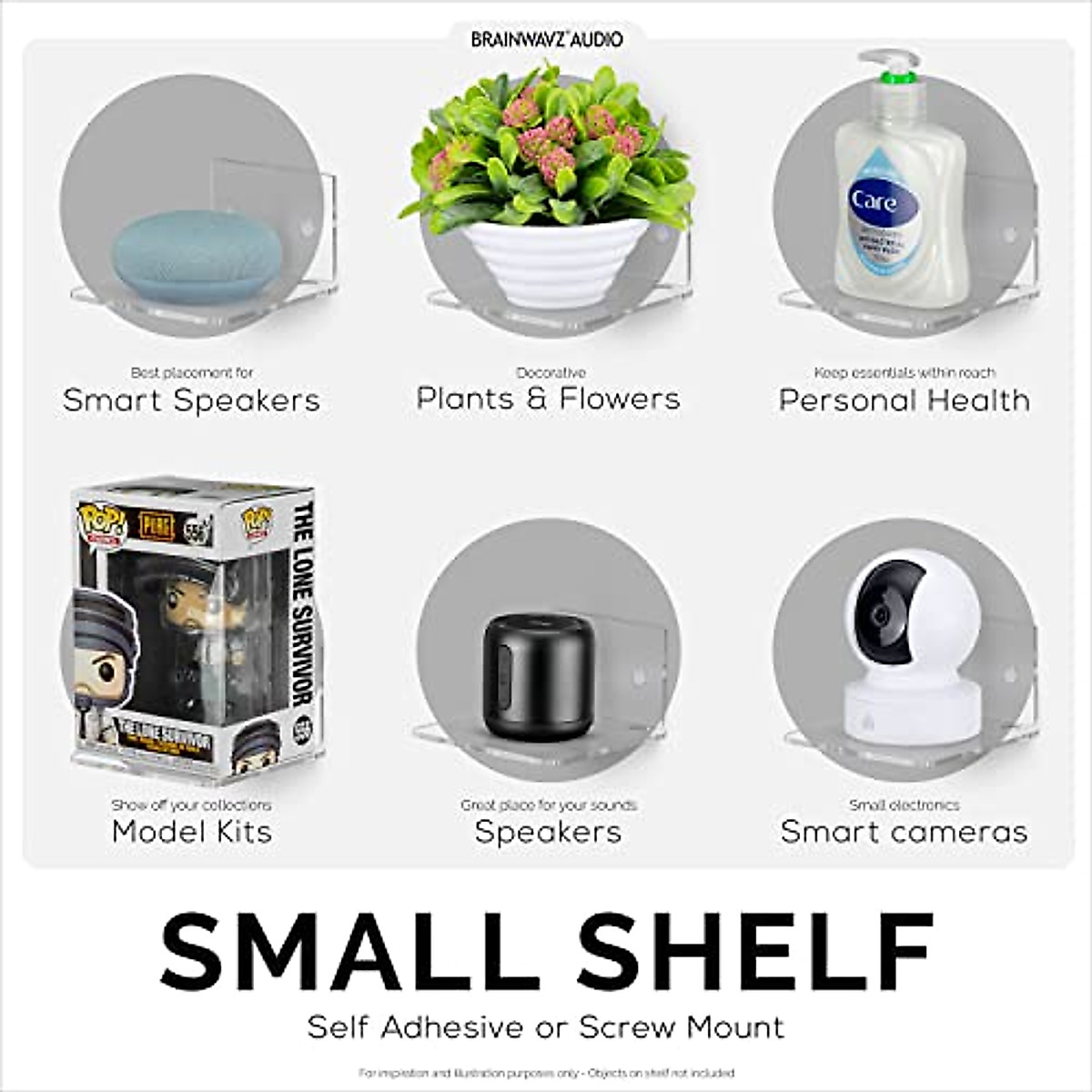 BRAINWAVZ 4.5” Small Floating Shelf, Adhesive & Screw in, for Speakers, Routers, Decor, Plants, Cameras, Photos, Kitchen, Toilet, Cable Box & More, Universal Holder (Clear)