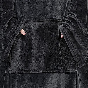 Fleece Wearable Blanket with Sleeves and Foot Pocket for Adult Women Men, Plush Throw with Adjustable Hook & Loop for Lounge Couch Reading Watching TV 79" x 67" Charcoal
