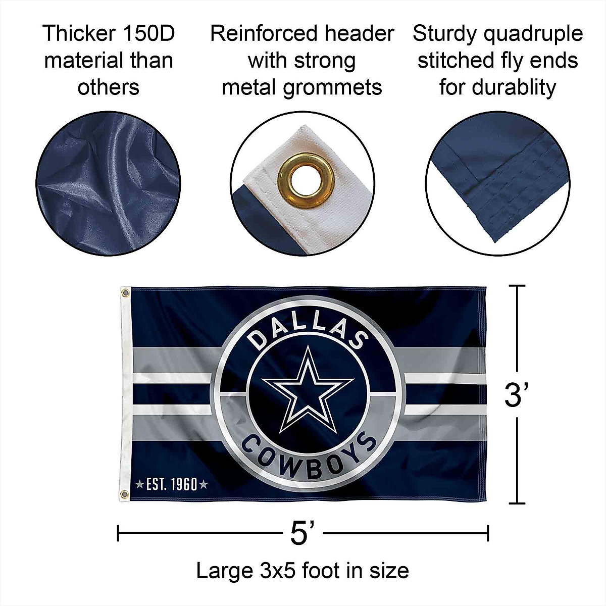 WinCraft Dallas Cowboys Patch Button Circle Logo Flag Large 3x5 Banner