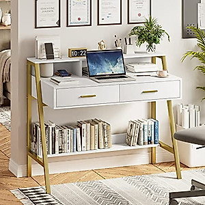 Tiptiper Computer Desk with Drawers, 41 Inches Modern Home Office Desk with Storage Shelf & Monitor Stand, Simple Style Study Writing Table Laptop PC Workstation, Metal Frame, White and Gold