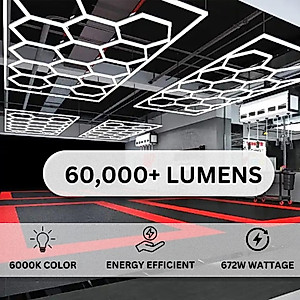 Modern LED Hexagon Garage Light Fixture - 6000K 672W 14 Grid Hexagon Light Set With Rectangle Frame for Garage, Detail Shop, Commercial Store, Office, etc. Over 60,000 Lumens 110V 15.98FT X 7.88FT