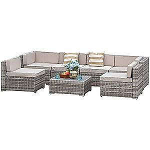 Outsunny 7-Piece Patio Furniture Sets Outdoor Wicker Conversation Sets All Weather PE Rattan Sectional Sofa Set with Cushions & Slat Plastic Wood Table, Beige