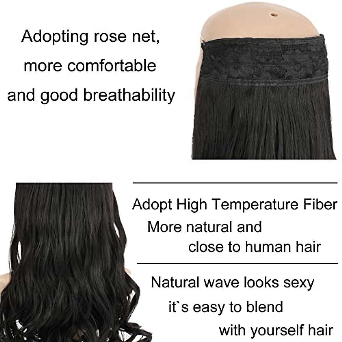 GIRLSHOW Invisible Wire Hair Extensions with Transparent Headband Synthetic 24 Inch 4.9 Oz Wavy Curly Adjustable Size No Clip Long Hairpieces for Women (Natural Black -#113A, 24 Inch)