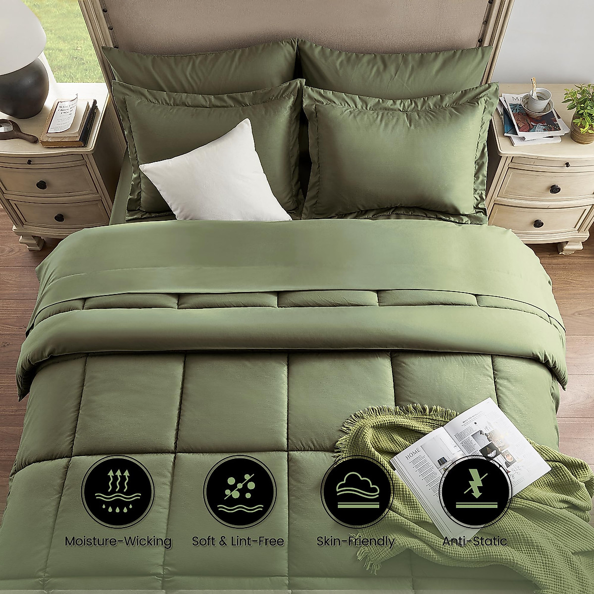 QUIETSEA King Size Bed in a Bag 7 Pieces Comforter Set King, Wood Grain Texture Bedding Comforter Set Green Bed Set with Comforter, Pillowcases, Flat Sheet, Fitted Sheet and Pillow Shams