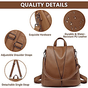 Women Backpack Purse PU Leather Anti-theft Casual Shoulder Bag Fashion Ladies Satchel Bag Large Capacity Travel Bag Waterproof Multipurpose Crossbody Handbag, Brown