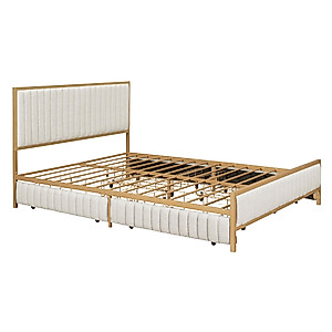 SIYSNKSI Queen Size Metal Frame Upholstered Bed with 4 Drawers, Linen Fabric Platform Bed with Metal Slats Support and Headboard, Storage Platform Bed for Kids Teens Bedroom (Beige + Linen-39)