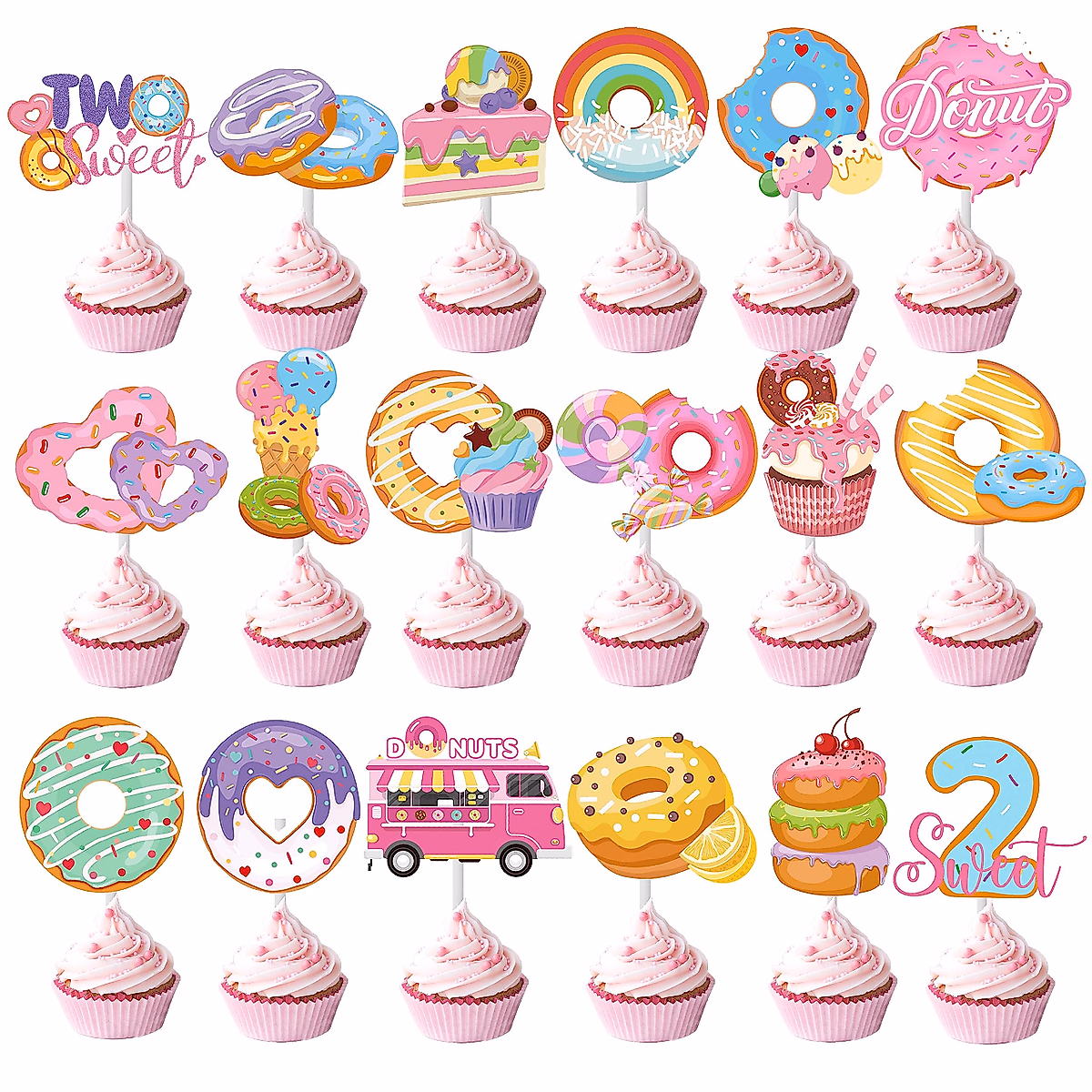 36pcs Donut Cupcake Toppers - Donut Birthday Party Supplies - Grow Up Theme - 2nd Birthday Cake Topper Decorations