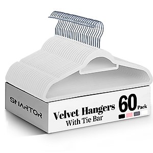 Smartor White Velvet Hangers 60 Pack, Space Saving Clothes Hangers with Tie Bar, Non-Slip Felt Hangers with Shoulder Notches, Heavy Duty Suit Hangers for Coat, Shirt, Pants, Dress