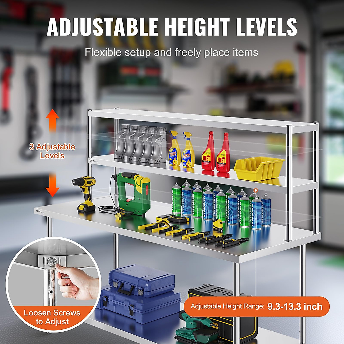 VEVOR Double Overshelf, Double Tier Stainless Steel Overshelf, 12 x 72 Inch Double Deck Overshelf, Height Adjustable Overshelf Prep Work Table for Kitchen, Restaurant and Workshop