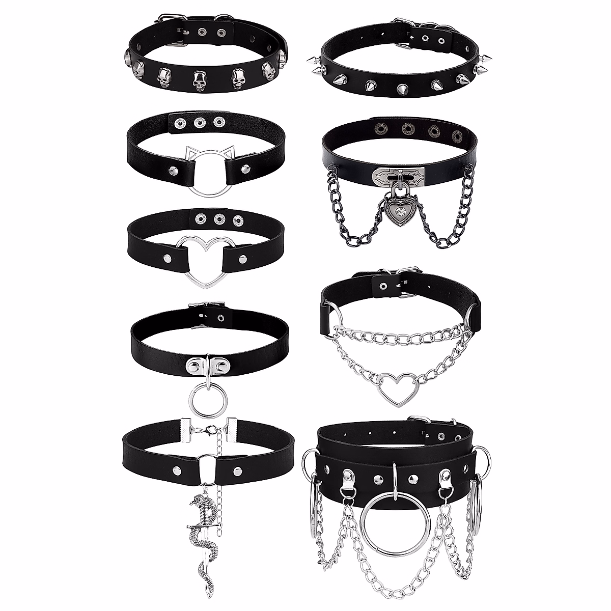 HAIAISO 6-9Pcs Leather Choker Black Punk Goth Choker Necklace Love Heart Spiked Choker Adjustable Pu Choker Collar for Women