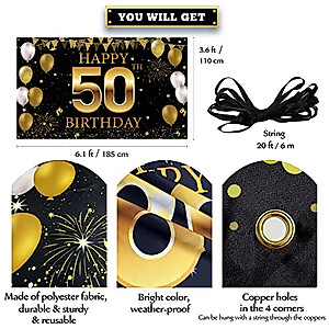 50th Birthday Decorations Backdrop Banner, Black Gold Happy 50th Birthday Decorations for Men Women, 50 Years Old Birthday Party Photo Booth Props, 50 Birthday Sign for Outdoor Indoor, Fabric Vicycaty