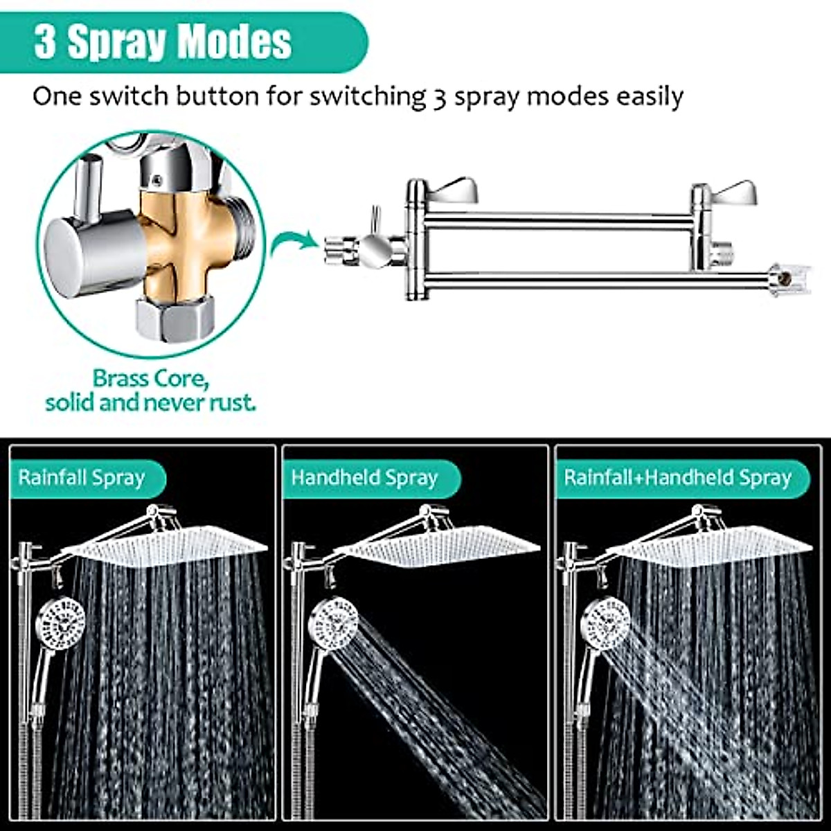Shower Head with Handheld, 10'' High Pressure Rain Shower Head/10 Modes Handheld Shower Heads Power Wash Back with 11'' Extension Arm, Holder, 5ft Hose, Flow Regulator, Chrome, Height/Angle Adjustable