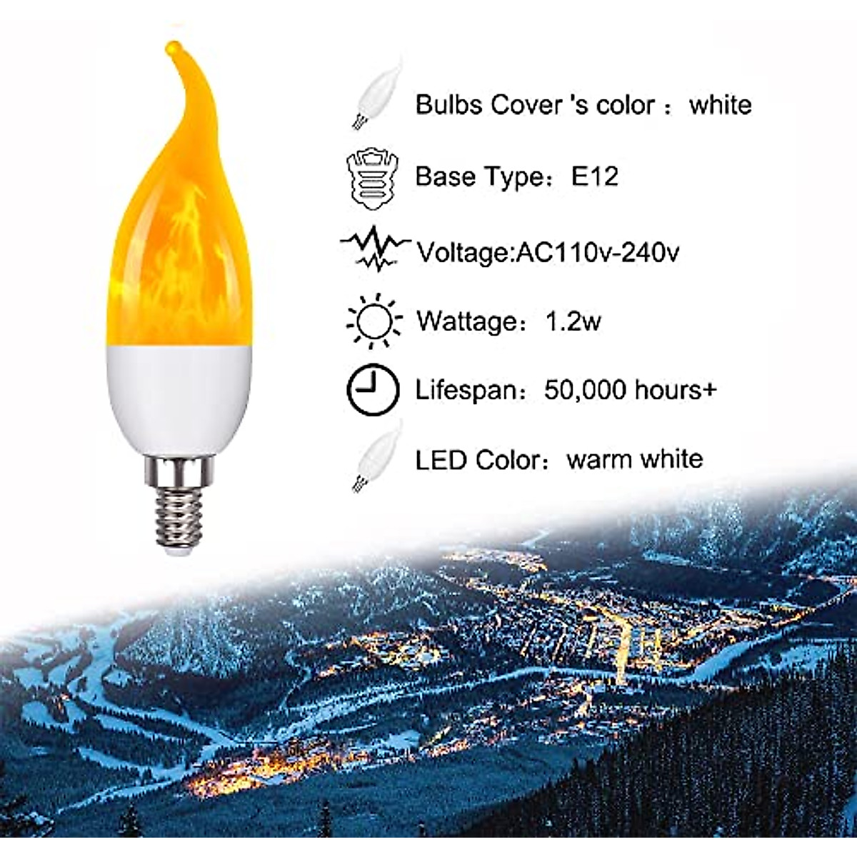 Ladiwanka E12 LED Candelabra Flame Light Bulbs for Outdoor Use, 3 Mode 1.2 Watt 1800K Warm White Orange Led Flame Bulb, Halloween Christmas Light Bulb, 4 Packs