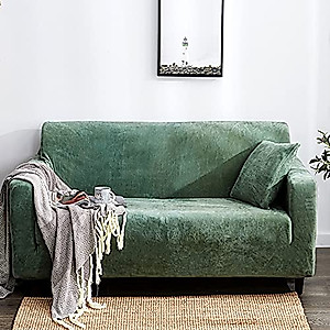 TVPFM Stretch Sofa Slipcover, Velvet Plush Washable Sofa Cover Soft Stretch Furniture Protector Sofa Slipcover for Pets Cat Dog-Blue-4 Seater