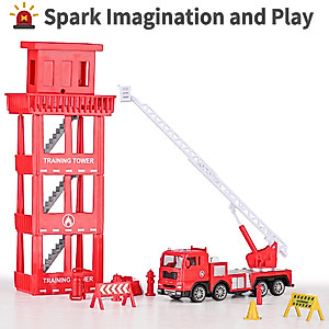 iPlay, iLearn Fire Trucks Toy for Boys 3-5, Kids Fire Engine Station Playset, Toddler Emergency Vehicles Learning, Realistic Firefighter Site Ladder Truck, Birthday Gifts for 4 6 7 8 Years Old