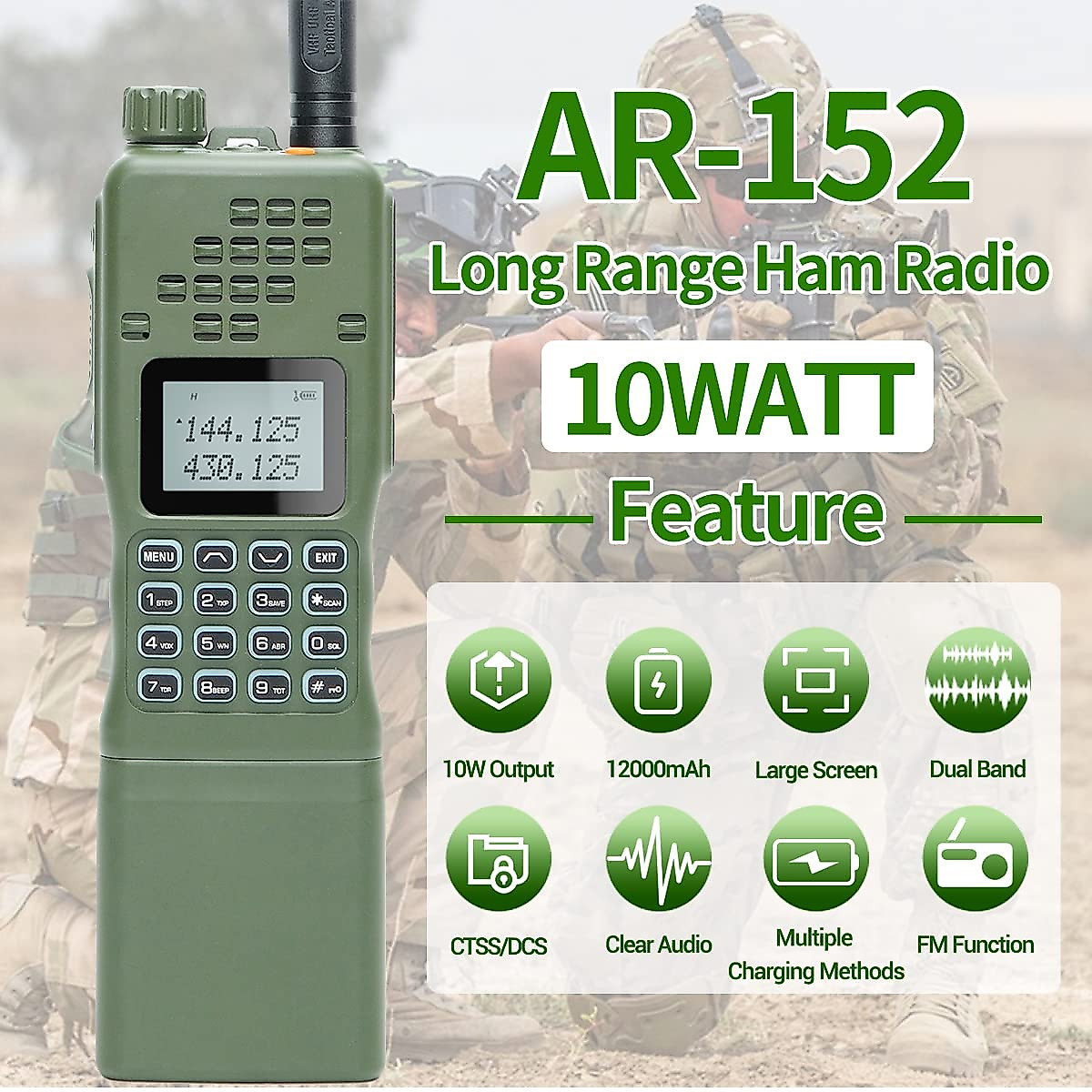 Baofeng AR-152 10W Ham Radio Powerful Military Grade Tactical Long Range Walkie Talkie with Speaker Mic, Car Charger and more 12000mAh Battery Portable Tactical Two Way Radio Full Set