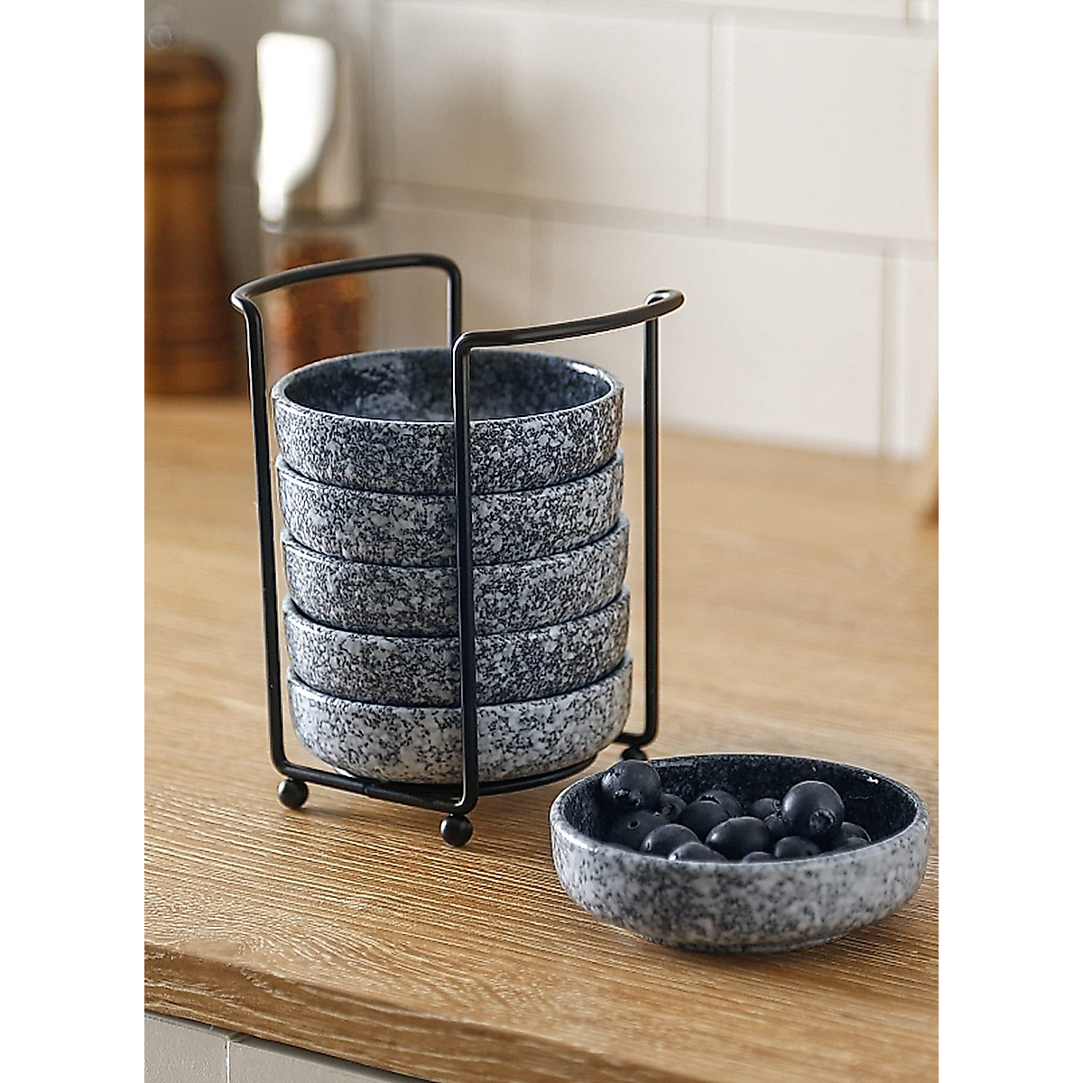 YJR Ceramic Japanese Side Dishes, Seasoning Dishes, Dipping Bowls - 3.5 Inch, with Metal Stand for Ketchup Soy Sauce BBQ Party, Set of 6, Blue